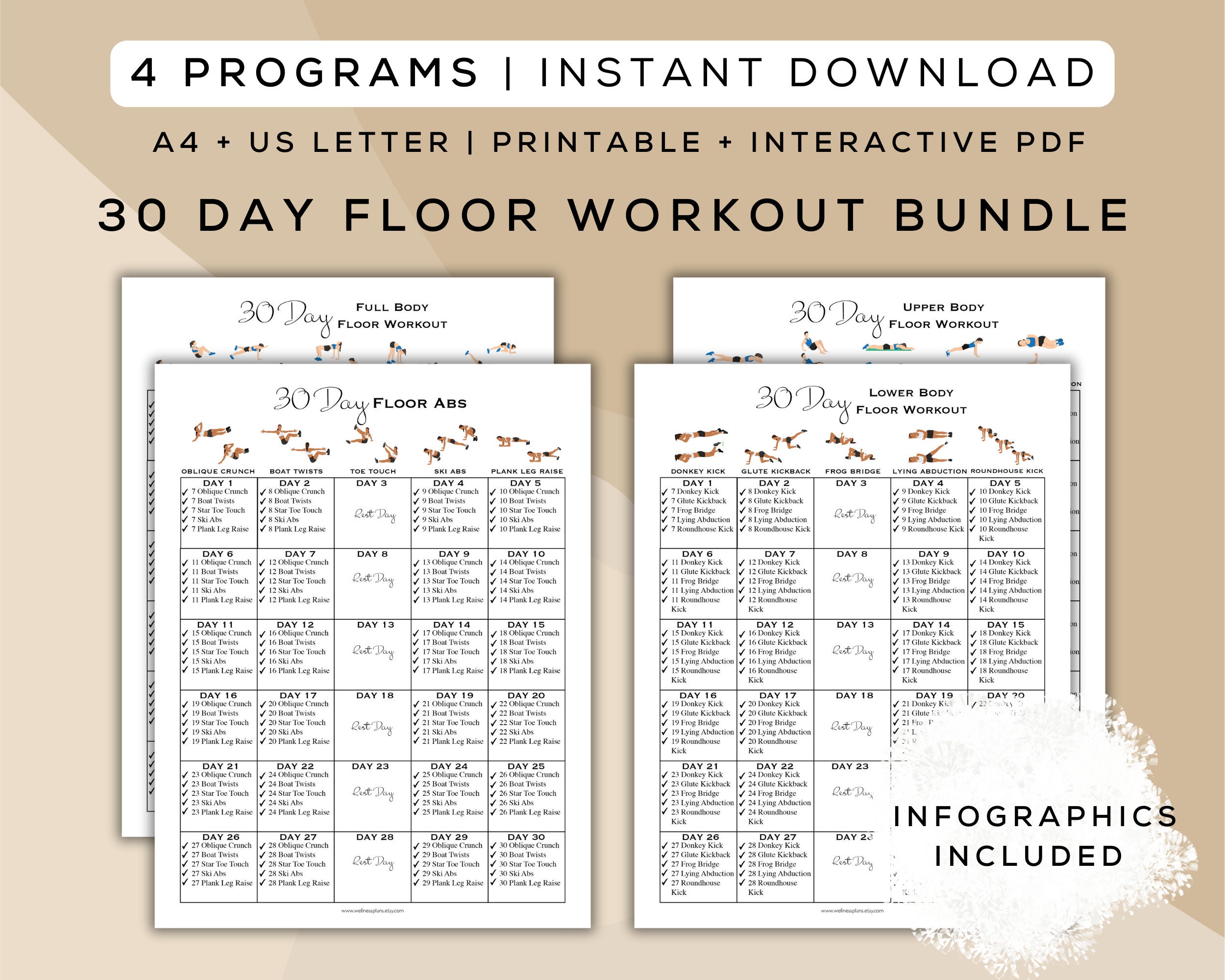 30 Day Floor Workout Bundle Printable + Interactive PDF | Easy to ...