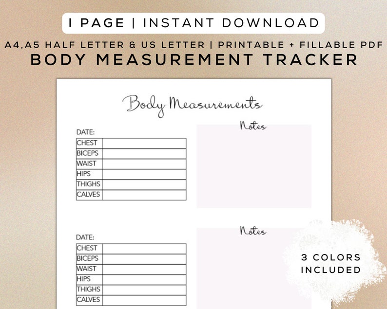 Body Measurement Tracker Printable Fillable PDF 3 Colors - Etsy