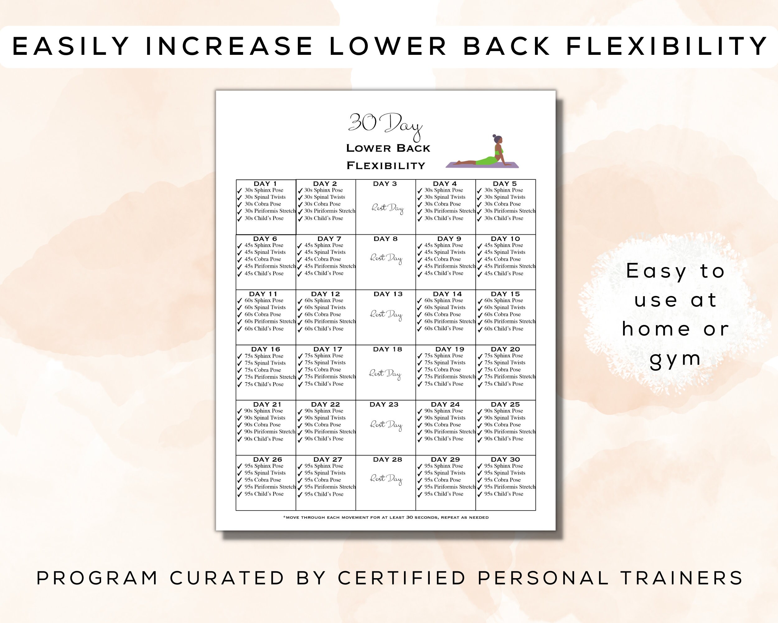 30 Day Lower Back Flexibility Printable Fillable PDF Easy Flexibility Routine, Beginner Dynamic ...