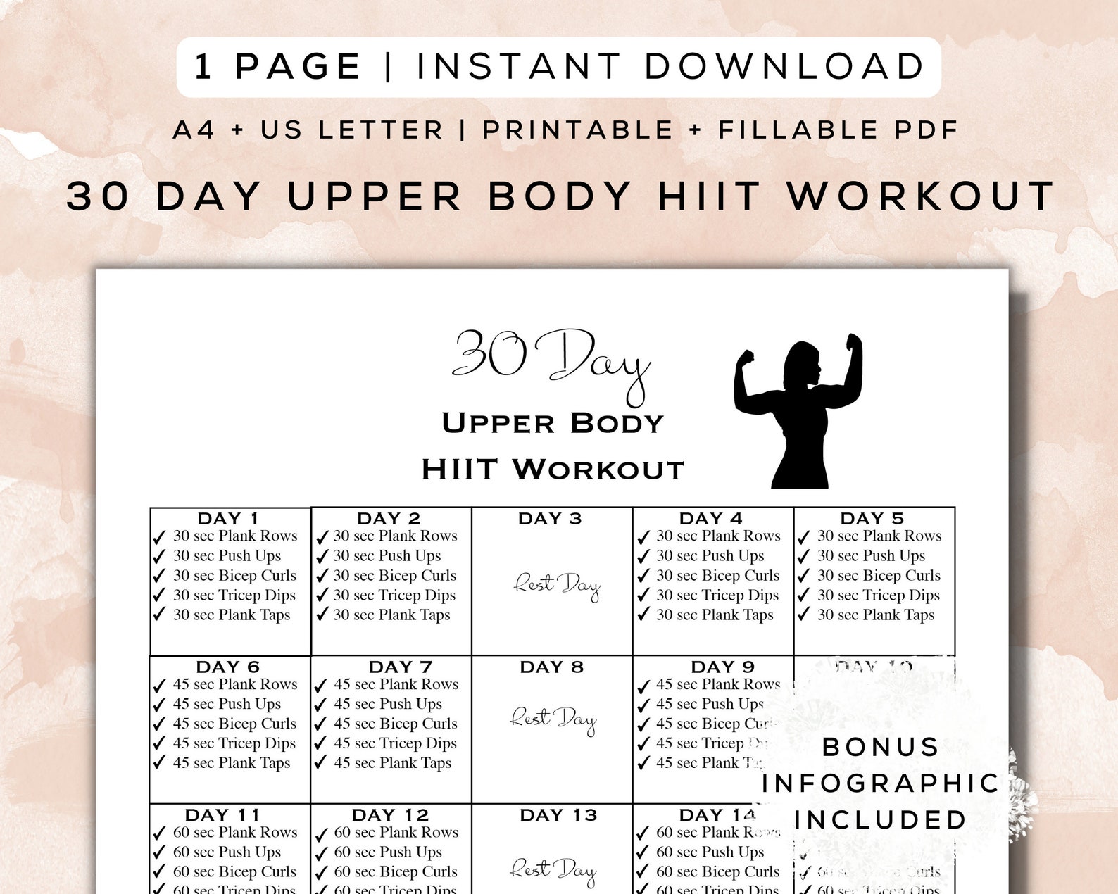 30 Day Upper Body HIIT Workout Program Printable + Fillable PDF | Bonus ...
