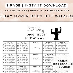 30 Day Upper Body HIIT Workout Program Printable + Fillable PDF | Bonus ...
