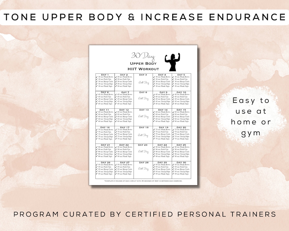 30 Day Upper Body HIIT Workout Program Printable + Fillable PDF | Bonus ...