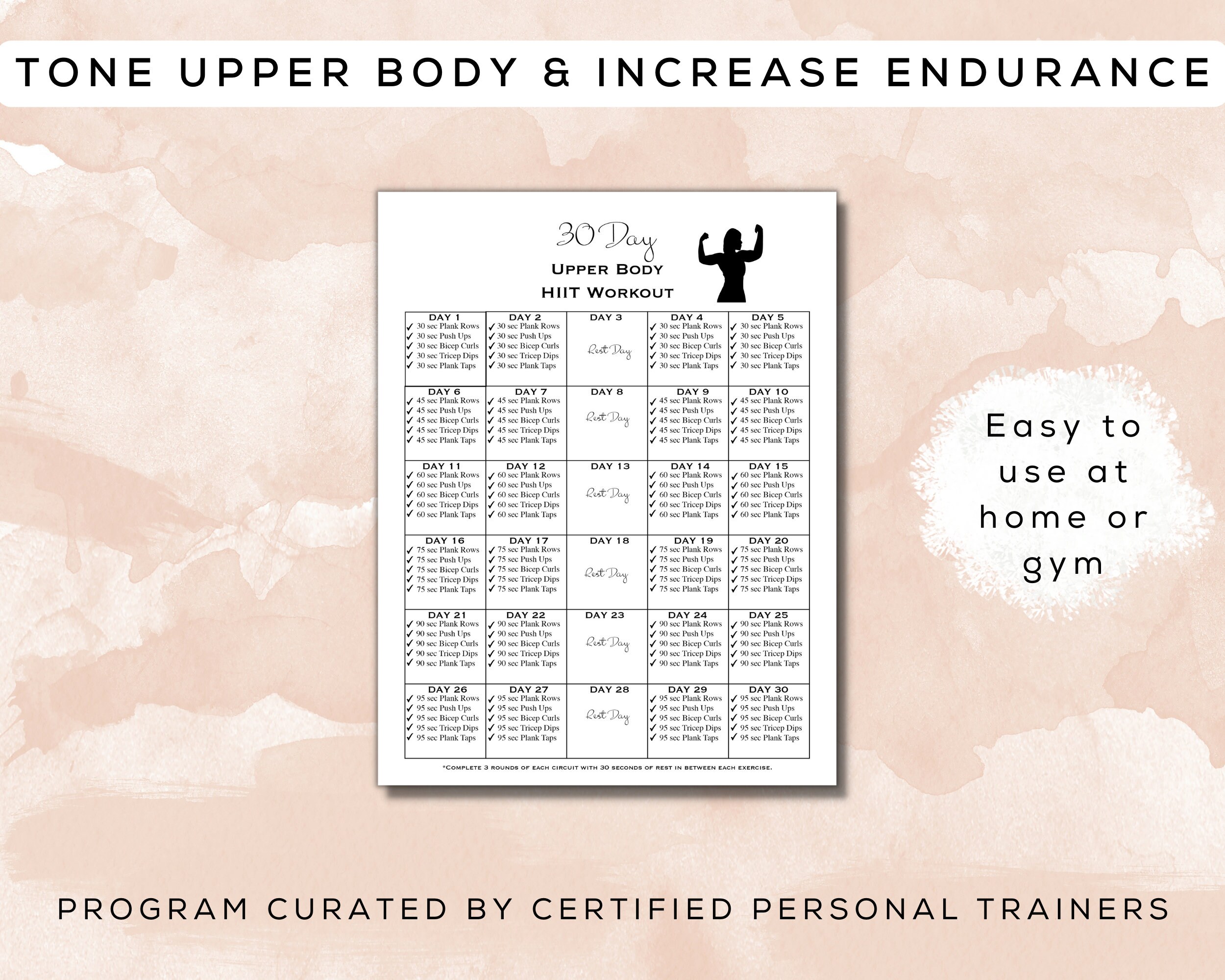 30 Day Upper Body HIIT Workout Program Printable + Fillable PDF | Bonus ...