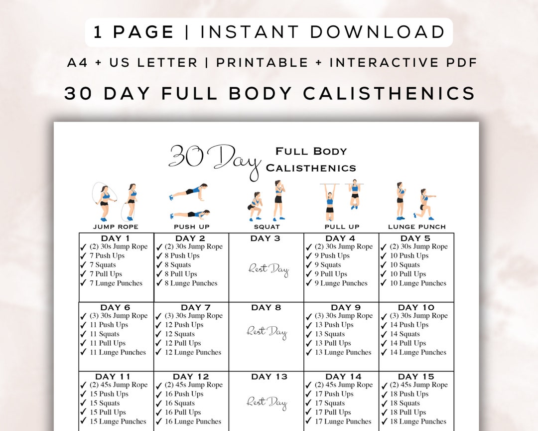30 Day Full Body Calisthenics Workout Plan Printable + Interactive PDF ...