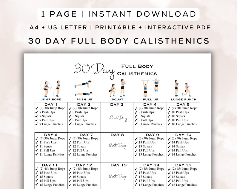 30 Day Full Body Calisthenics Workout Plan Printable + Interactive PDF ...