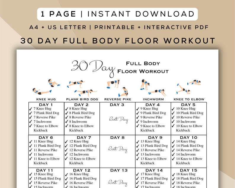 30 Day Full Body Floor Workout Printable + Interactive PDF | Easy to ...