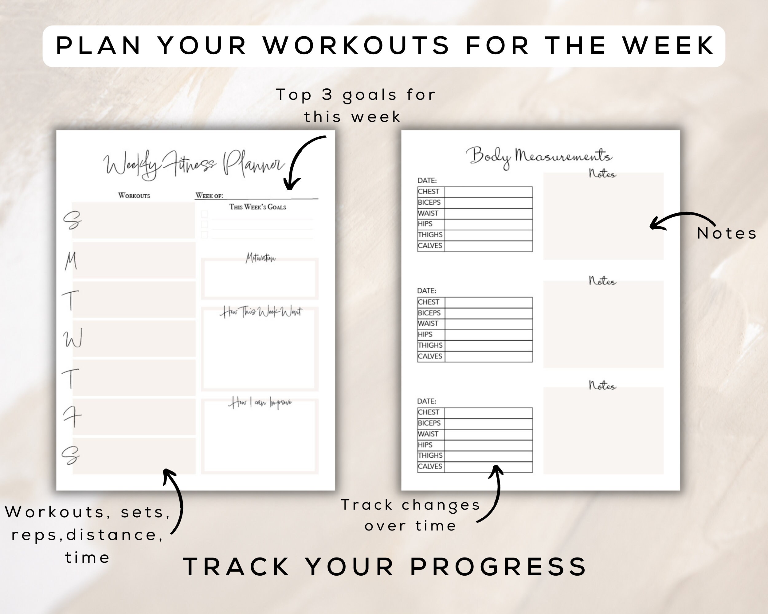 Weekly Fitness Planner Body Measurement Tracker, Printable Fillable PDF ...