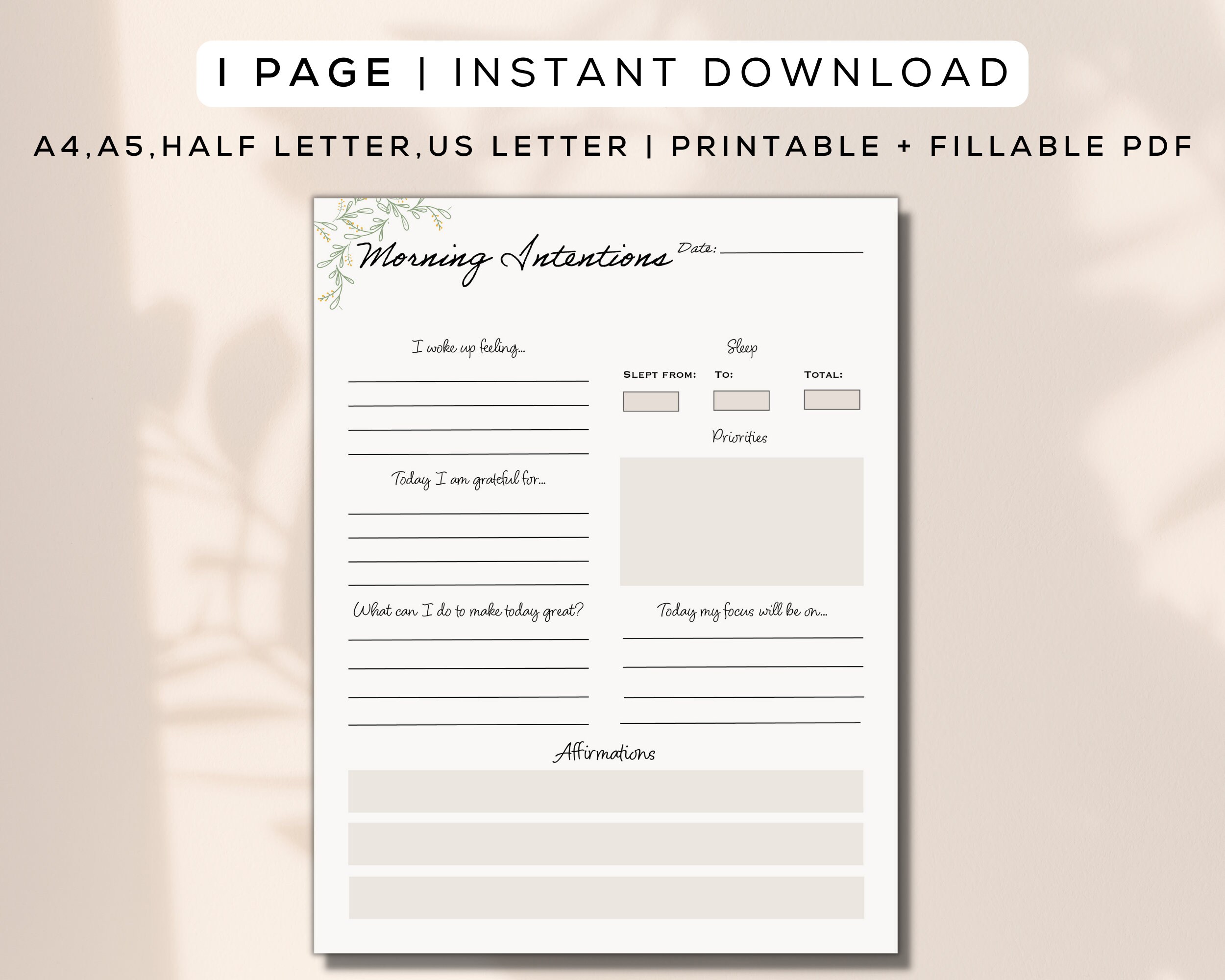 Morning Intentions Journal Printable Fillable PDF Daily Journal, Set ...