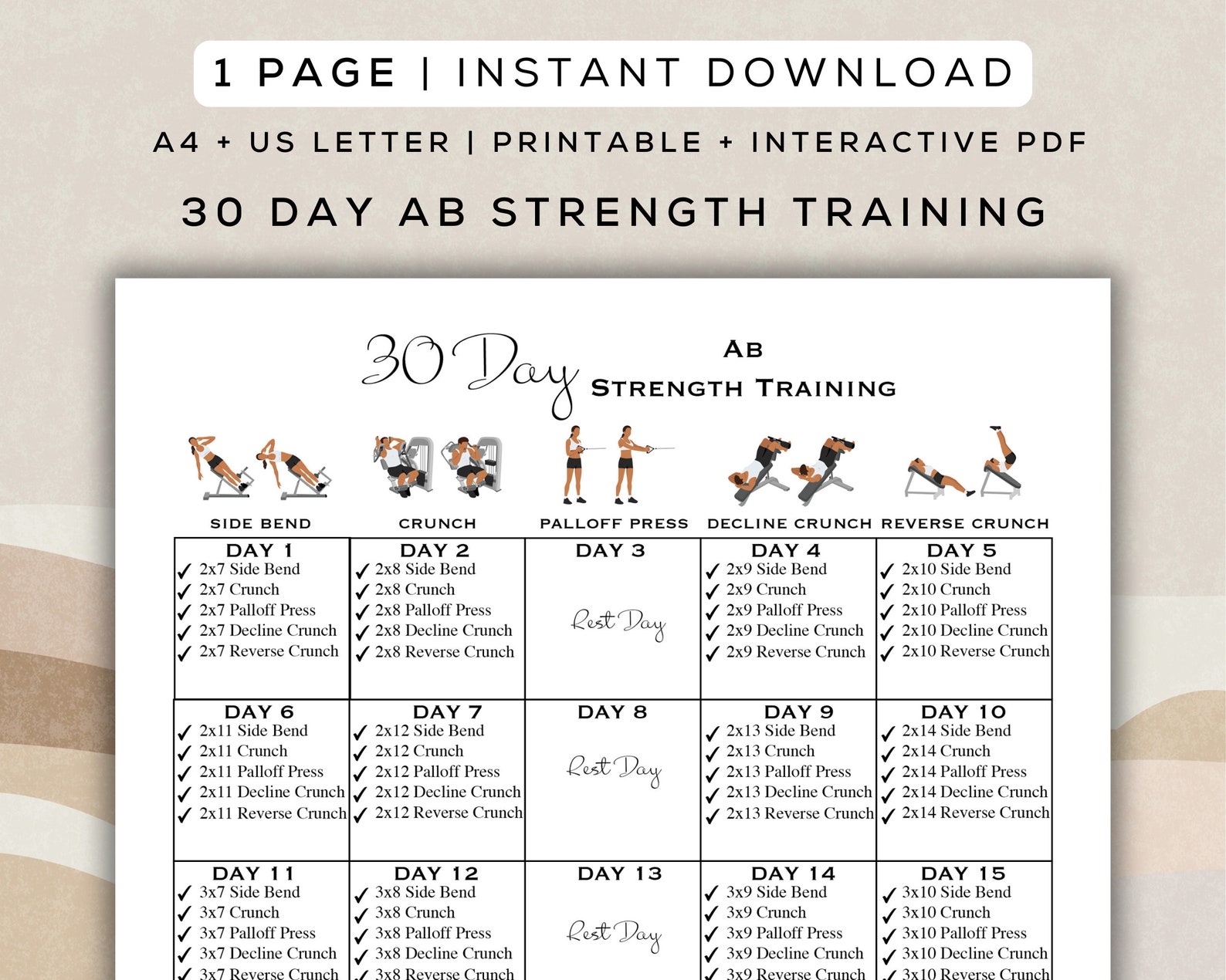 30 Day Ab Strength Training Workout Printable + Interactive PDF | Easy ...