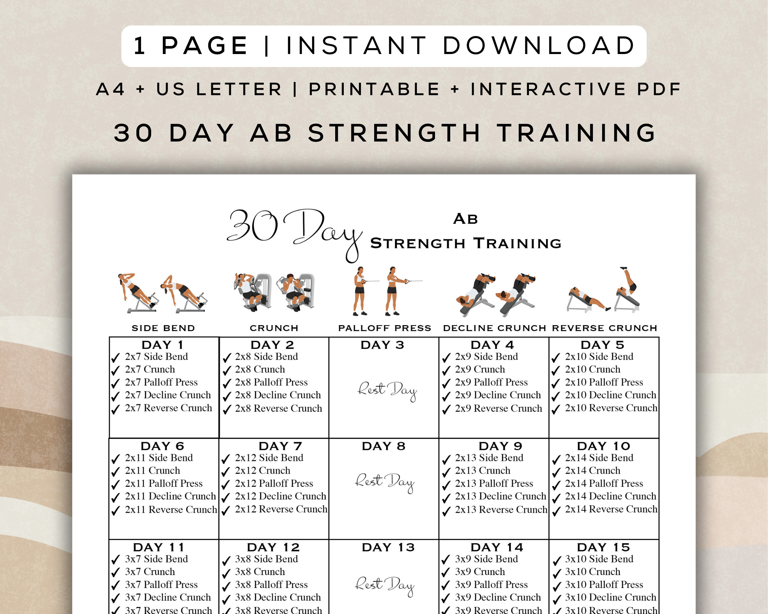 30 Day Ab Strength Training Workout Printable + Interactive PDF | Easy ...
