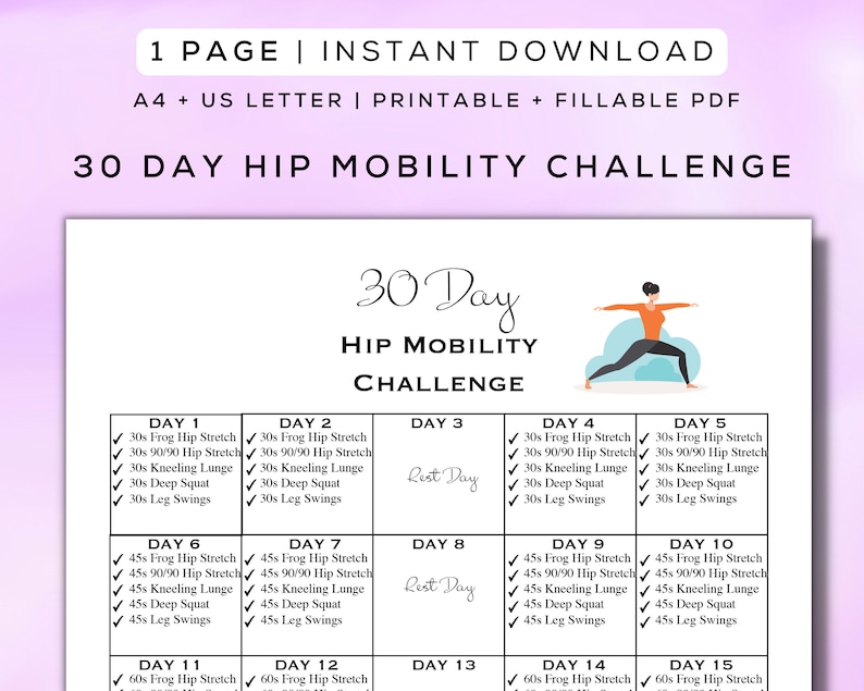 30 Day Hip Mobility Challenge Printable Fillable PDF Easy - Etsy