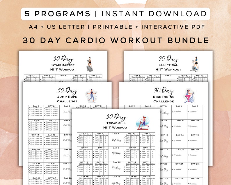 30 Day Cardio Workout Bundle Printable + Interactive PDF | 5 Programs ...