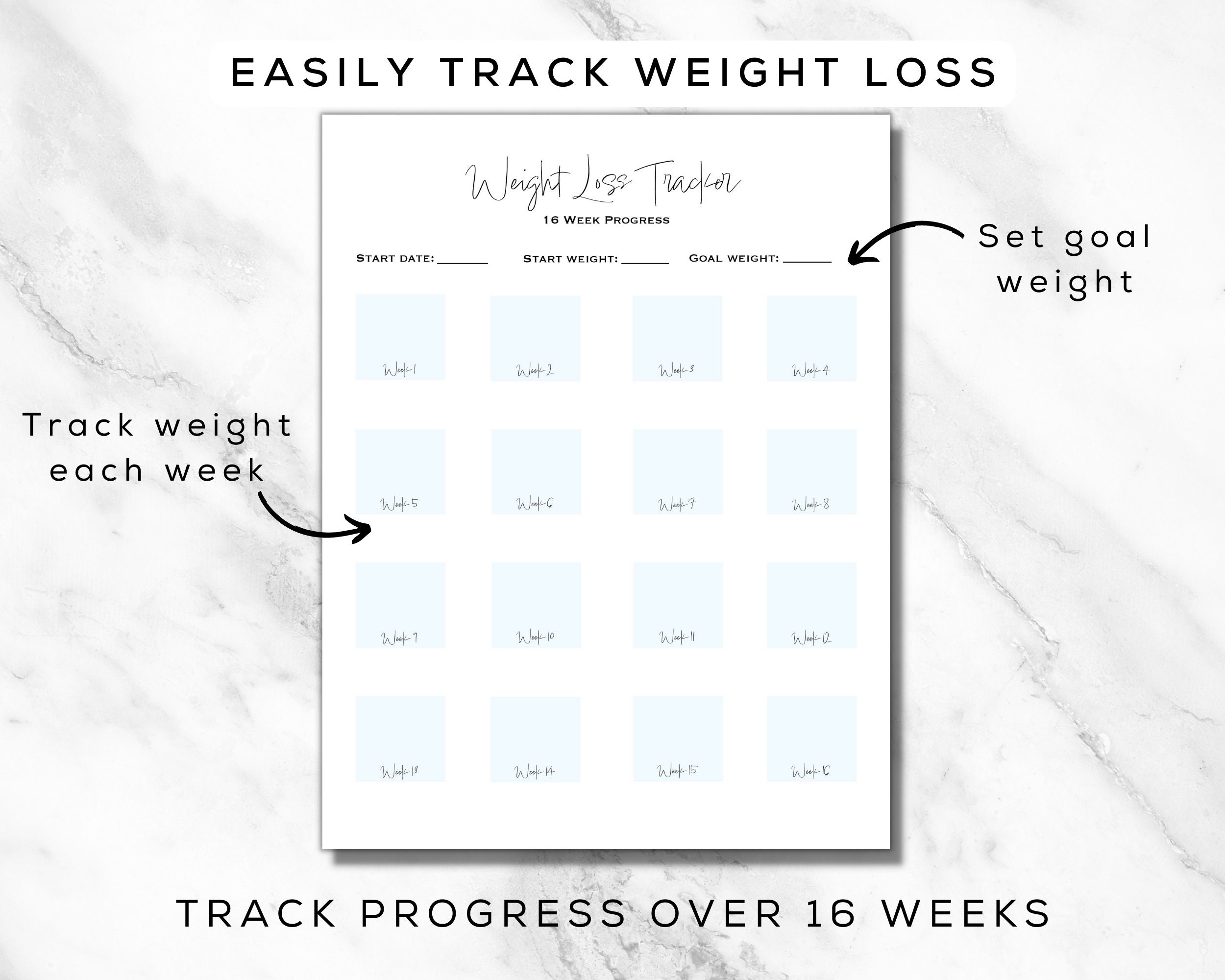 Weight Loss Tracker Printable + Fillable PDF | Track 16 Weeks of ...