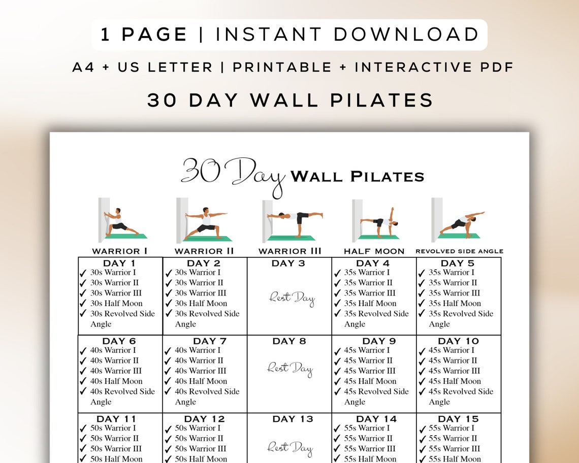 30 Day Wall Pilates Workout Printable + Interactive PDF | Easy to ...