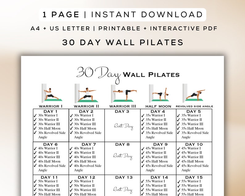 30 Day Wall Pilates Workout Printable + Interactive PDF | Easy to ...