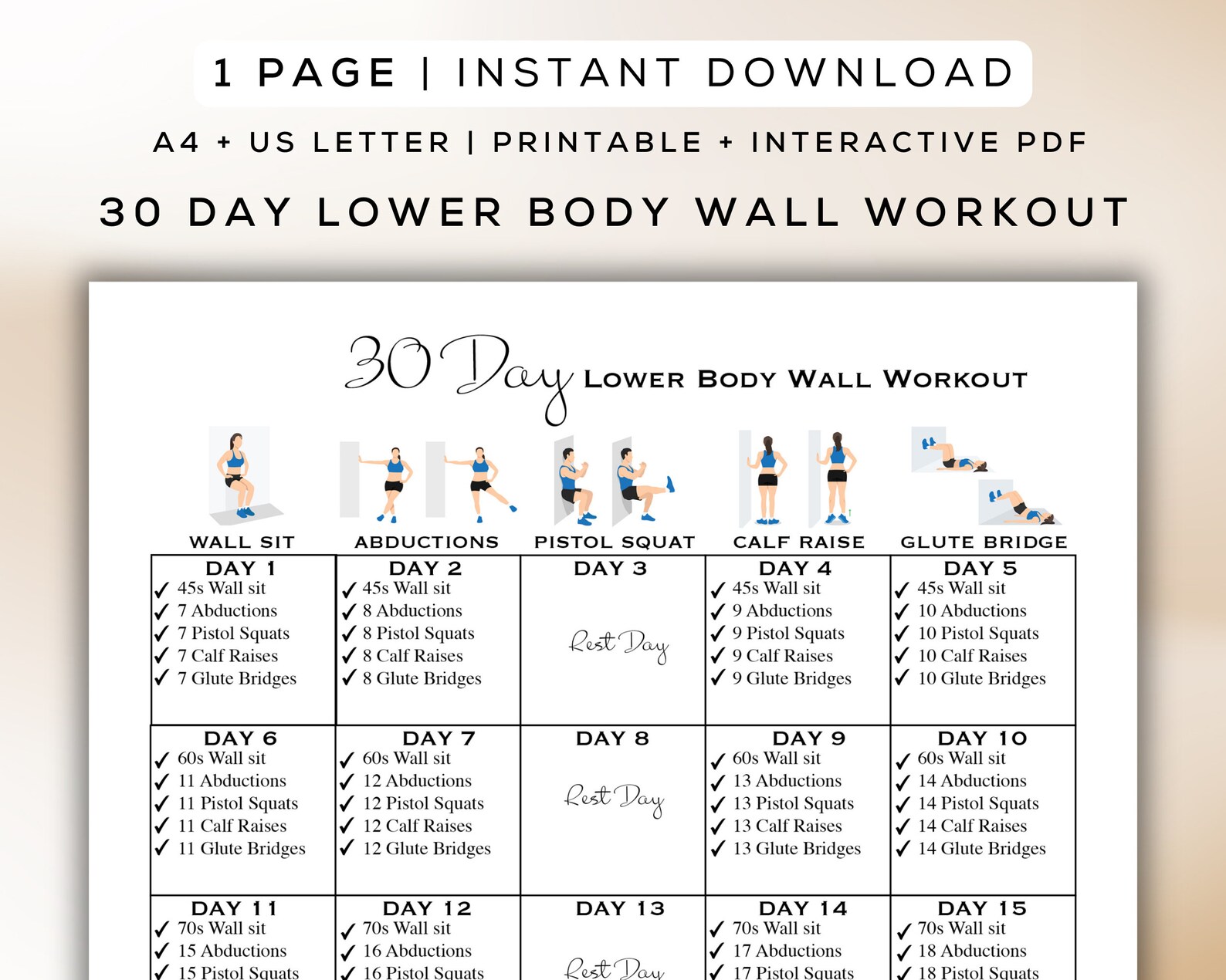 30 Day Lower Body Wall Workout Printable + Interactive PDF | Easy to ...