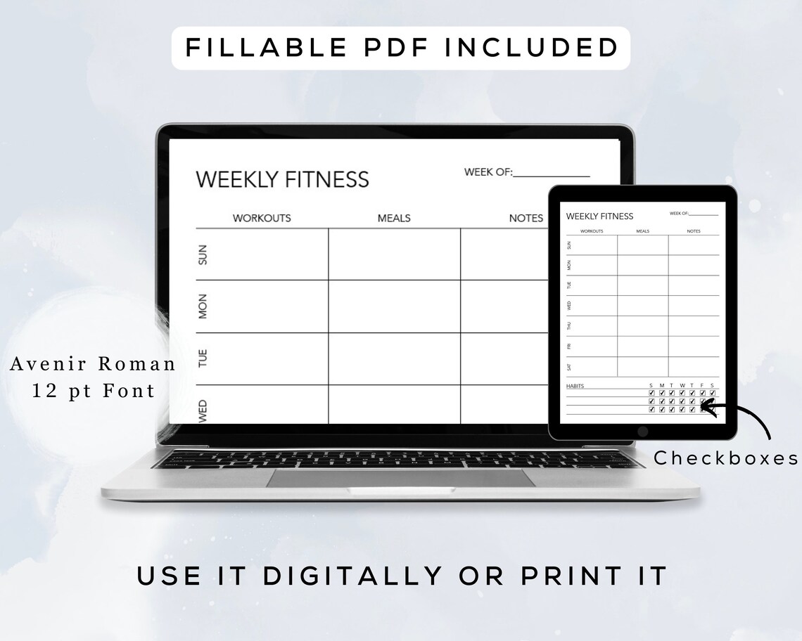 Minimal Weekly Fitness Planner Printable Fillable PDF Health Fitness ...