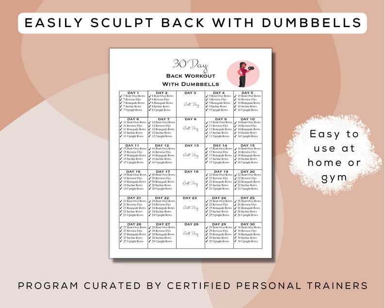 30 Day Back Workout Plan With Dumbbells Printable Fillable PDF Easy to ...