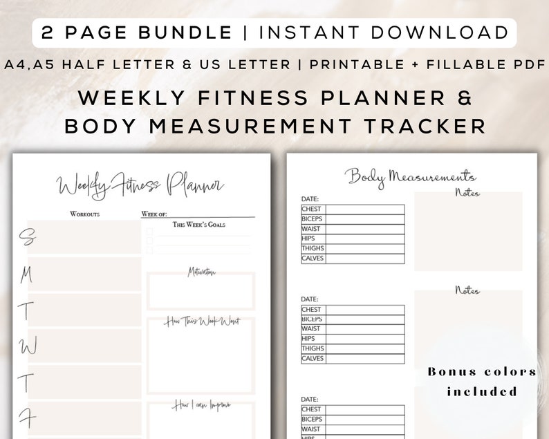 Weekly Fitness Planner Body Measurement Tracker, Printable Fillable PDF ...