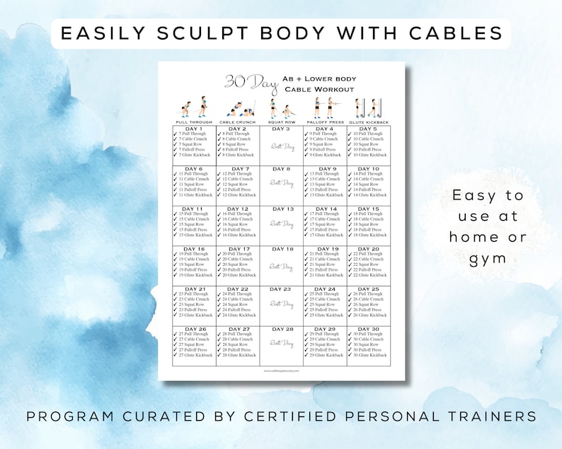 30 Day Ab + Lower Body Cable Workout Printable With Infographics, Easy ...
