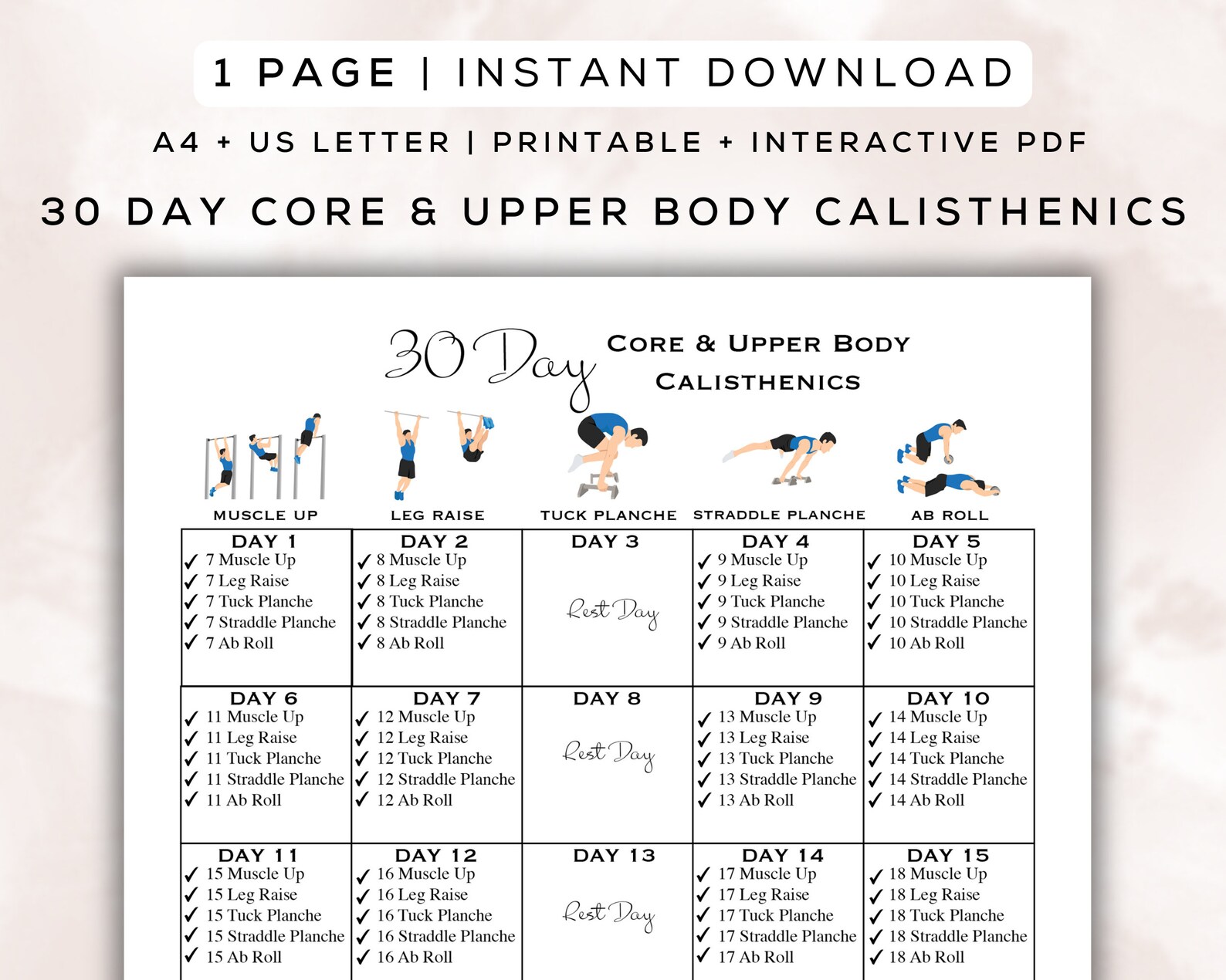 30 Day Core Upper Body Calisthenics Workout Plan Printable Interactive ...