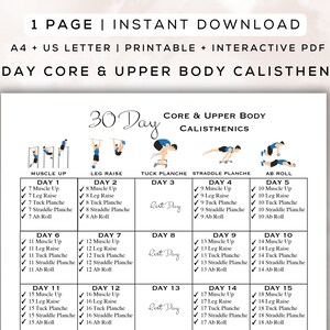 30 Day Core Upper Body Calisthenics Workout Plan Printable Interactive ...
