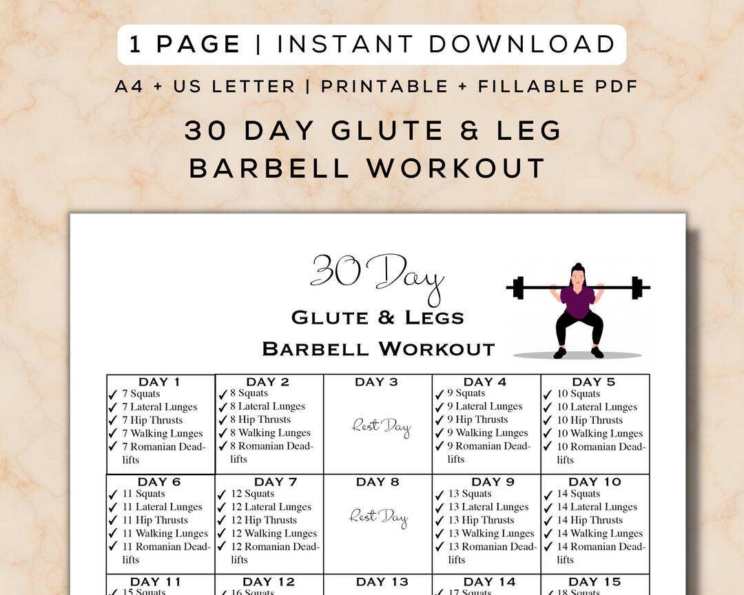 30 Day Glute & Leg Barbell Workout Plan Printable Fillable - Etsy