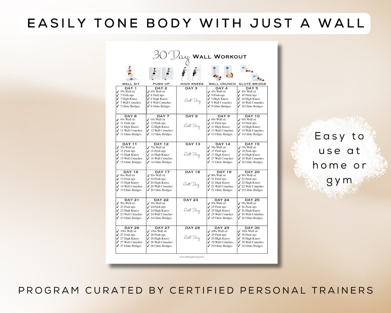 30 Day Wall Workout Printable + Interactive PDF | Easy to Follow ...
