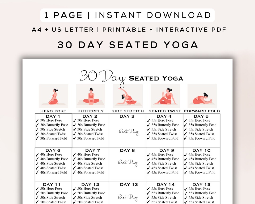 30 Day Seated Yoga Printable + Interactive PDF | Easy to Follow Poses, Beginner Friendly Yoga ...