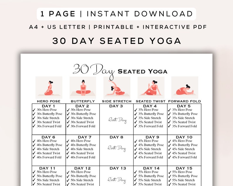 30 Day Seated Yoga Printable + Interactive PDF | Easy to Follow Poses ...