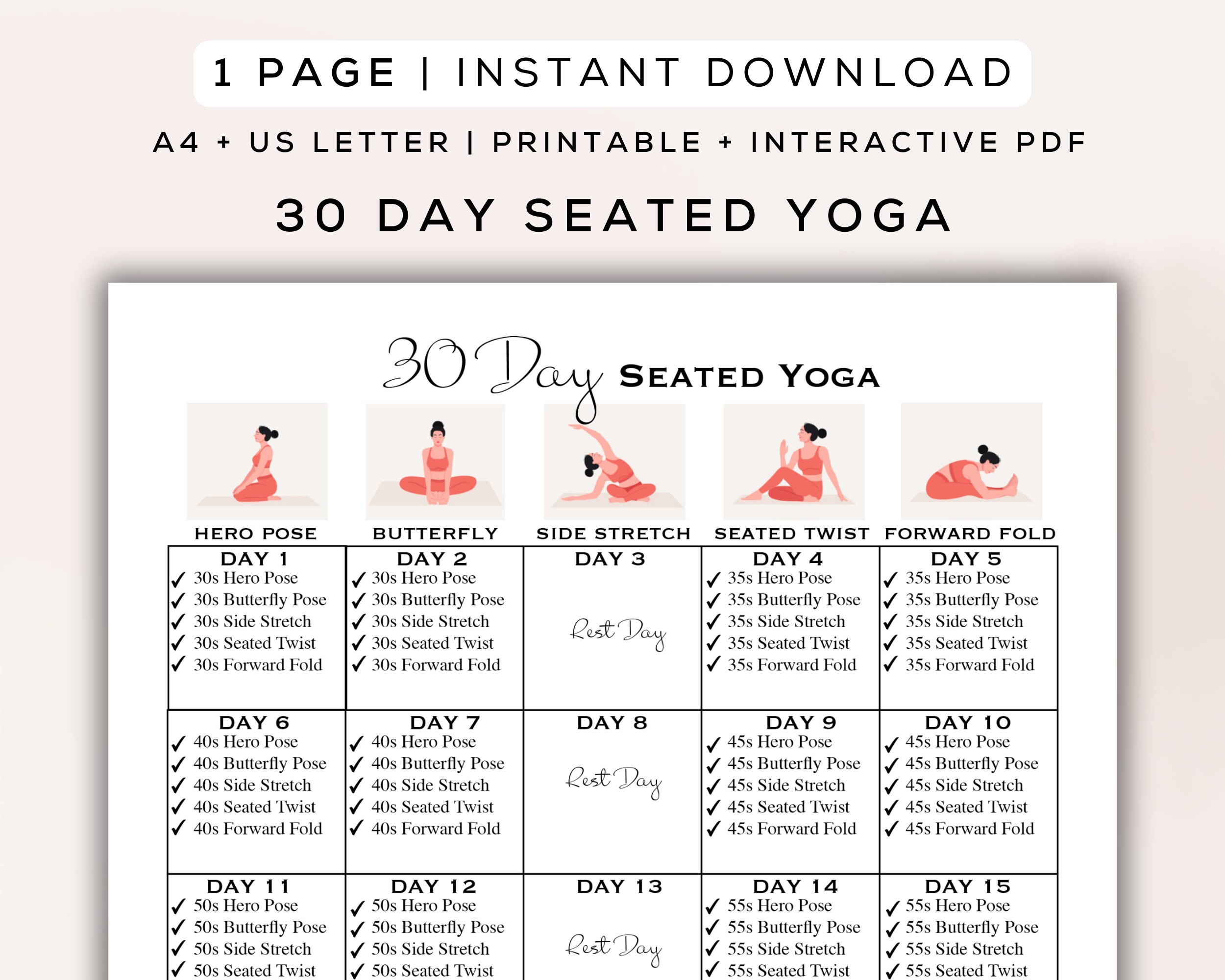 30 Day Seated Yoga Printable + Interactive PDF | Easy to Follow Poses ...