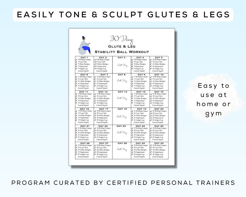 30 Day Glute + Leg Stability Ball Workout Plan Printable + Fillable PDF ...