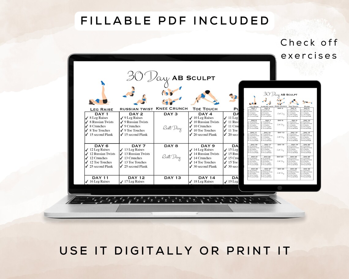 30 Day Ab Sculpt Workout Program Printable + Fillable PDF | Easy to ...
