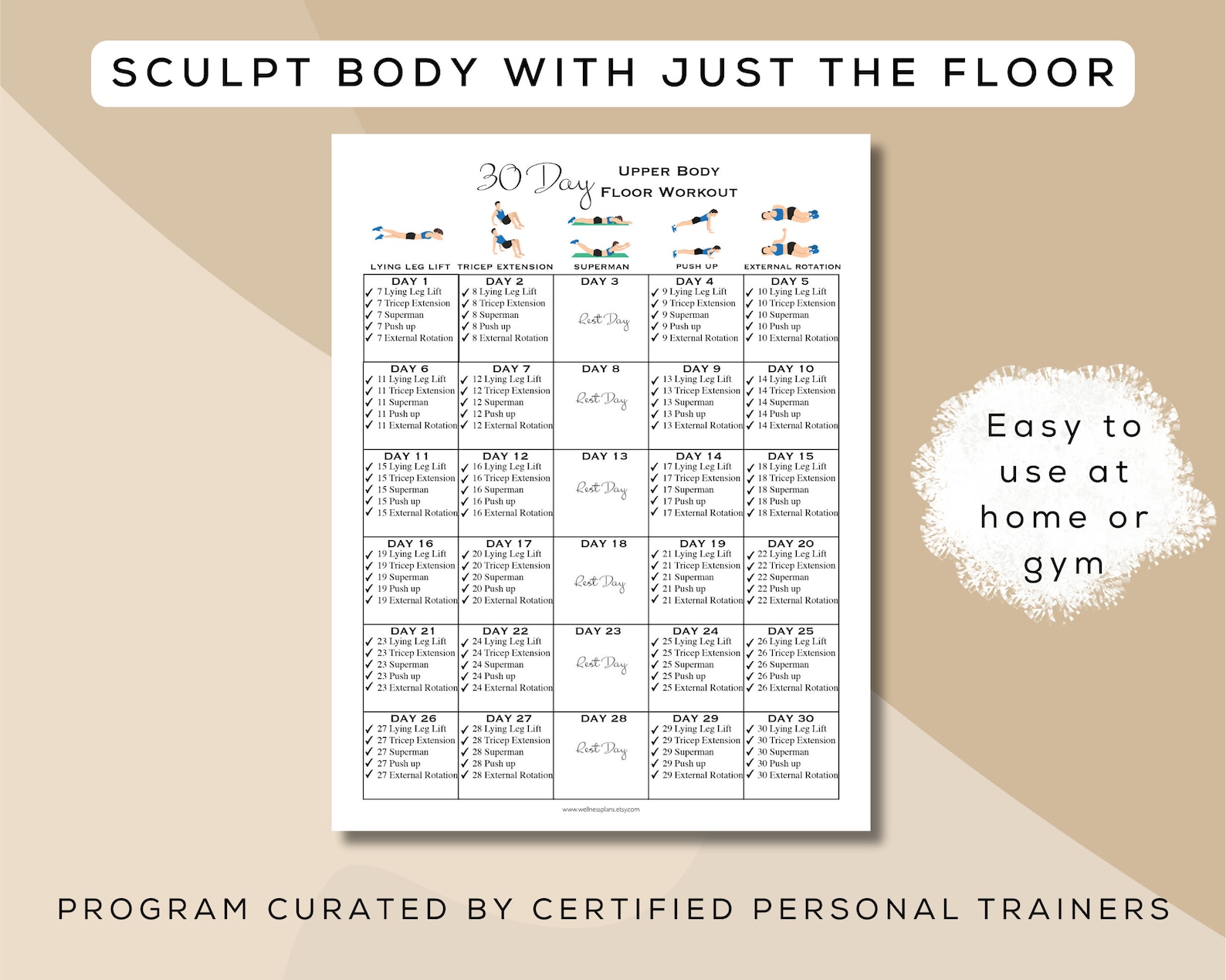 30 Day Upper Body Floor Workout Printable + Interactive PDF | Easy to ...