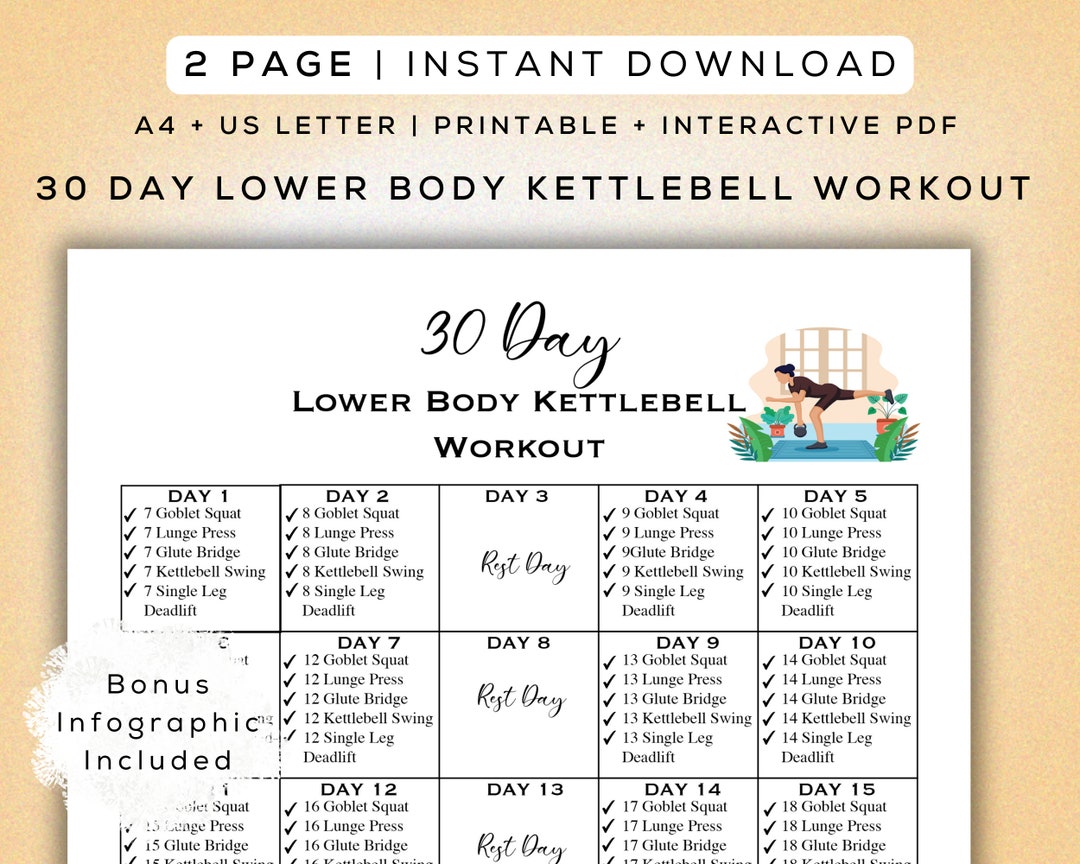 30 Day Kettlebell Lower Body Workout Printable + Digital Gym Guide ...