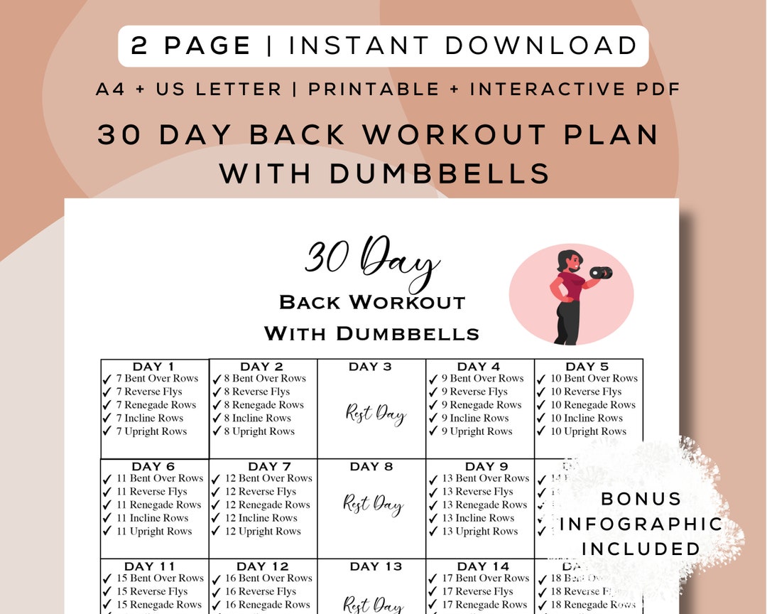 30 Day Back Workout Plan With Dumbbells Printable + Interactive PDF ...