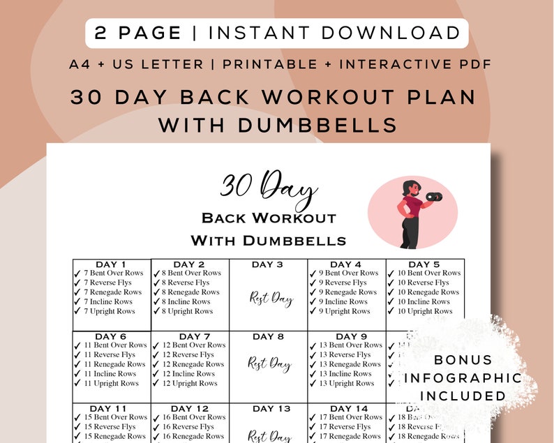30 Day Back Workout Plan With Dumbbells Printable + Interactive PDF ...