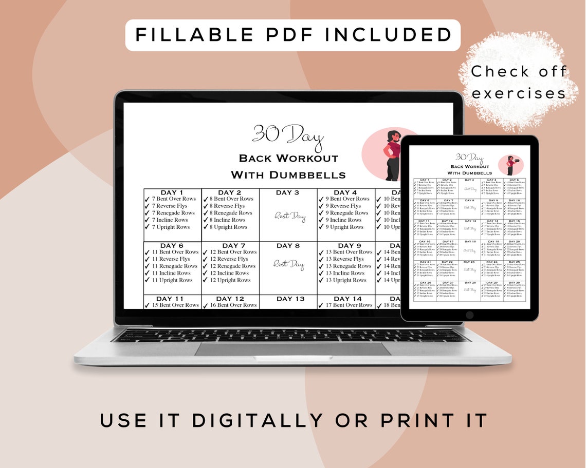 30 Day Back Workout Plan With Dumbbells Printable Fillable PDF Easy to ...