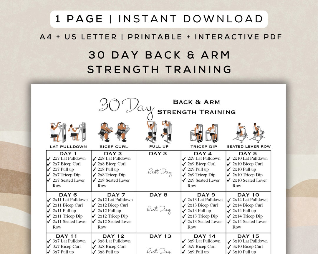 30 Day Back & Arm Strength Training Workout Printable + Interactive PDF ...