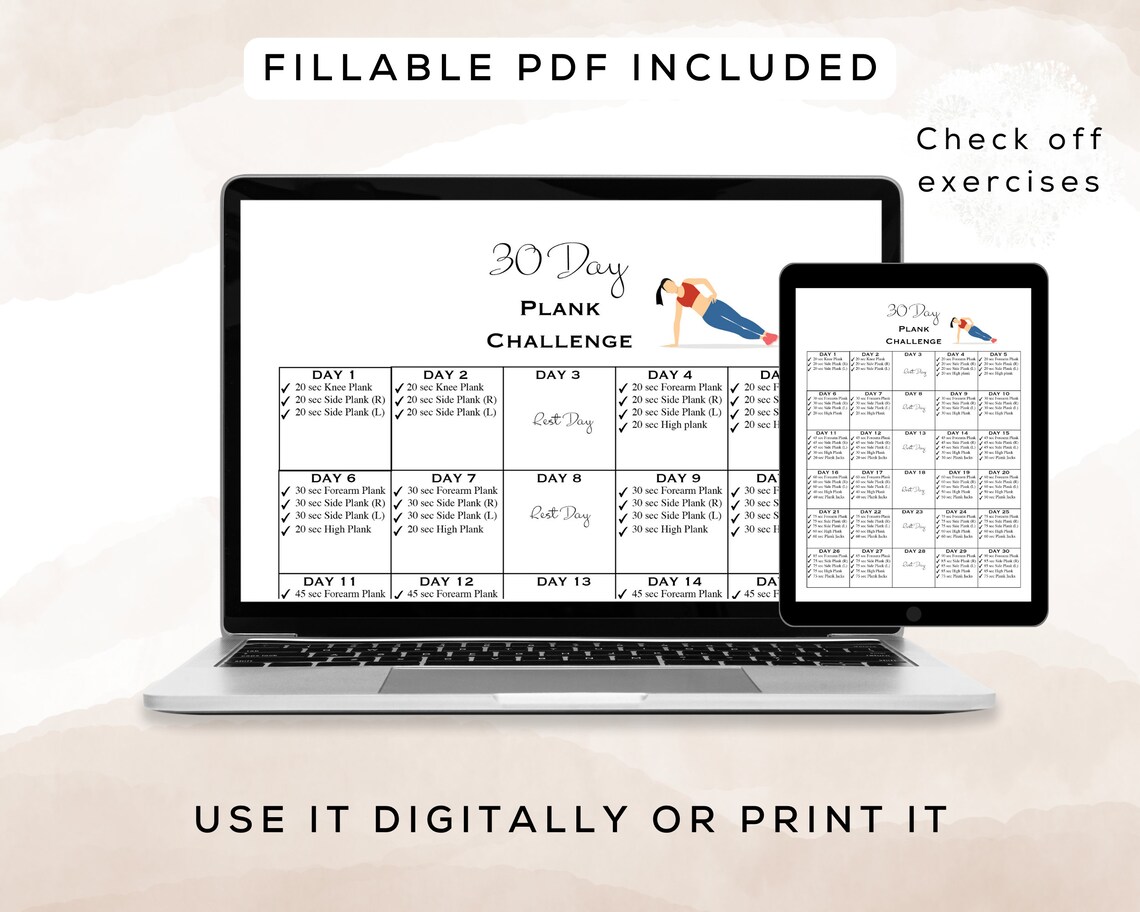 30 Day Plank Challenge Workout Plan Printable + Fillable PDF | Fitness ...