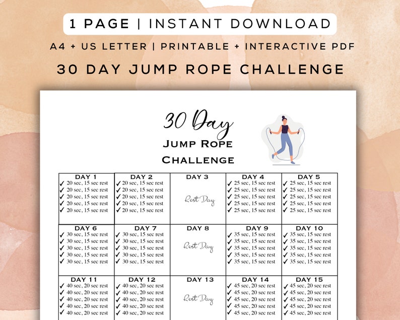 30 Day Jump Rope Challenge Printable + Interactive PDF, Digital Gym ...