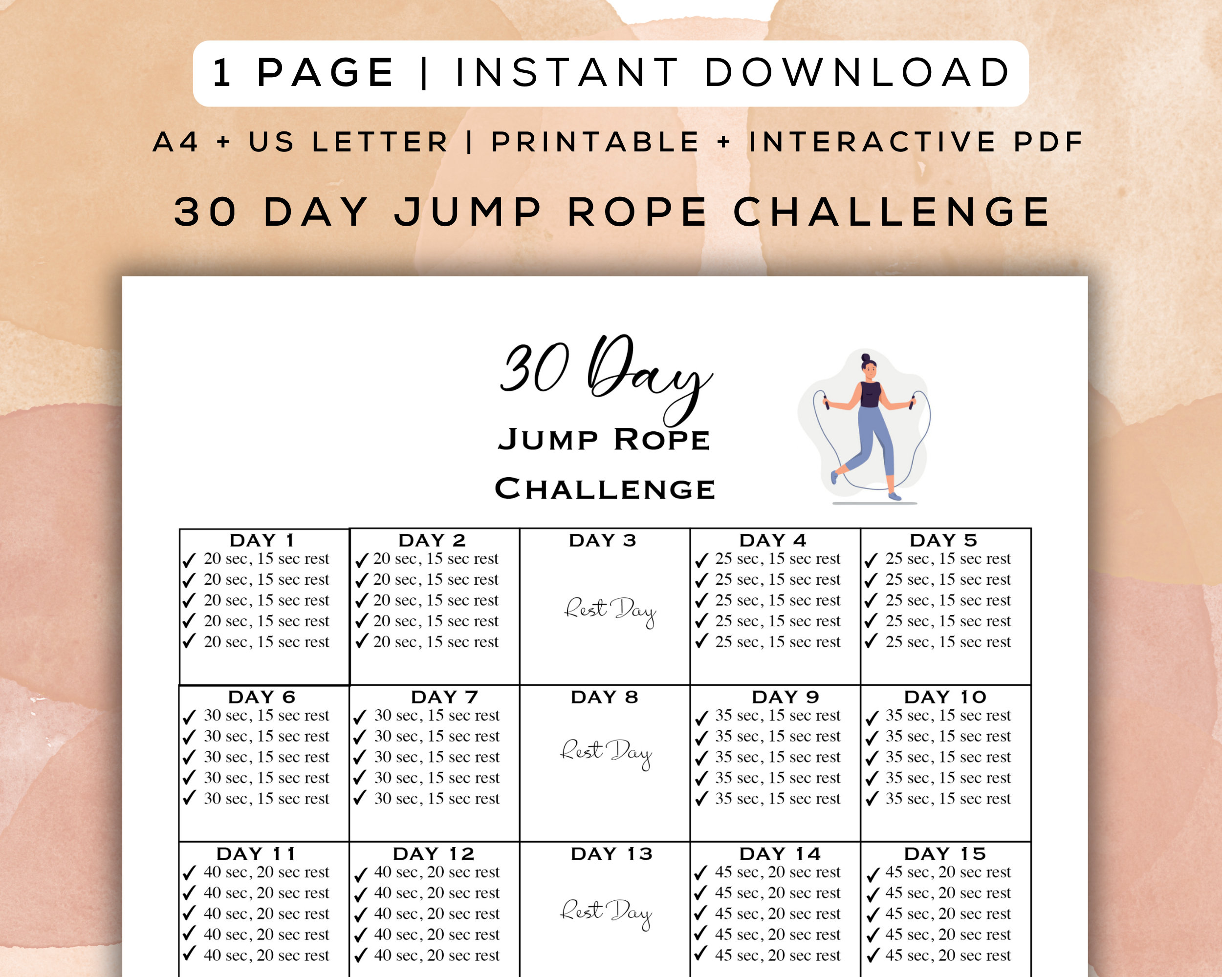 30 Day Jump Rope Challenge Printable + Interactive PDF, Digital Gym ...