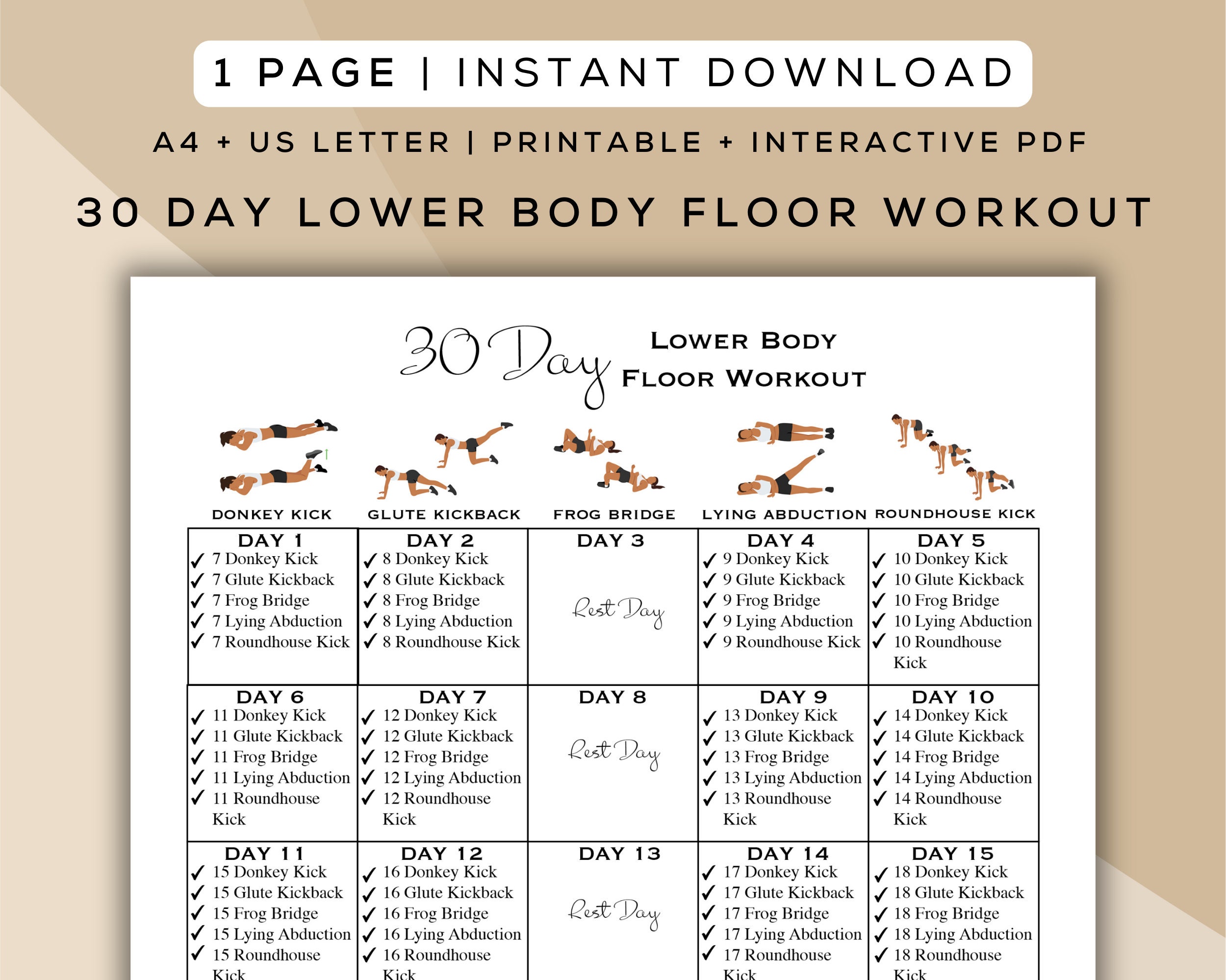 30 Day Lower Body Floor Workout Printable + Interactive PDF | Easy to ...