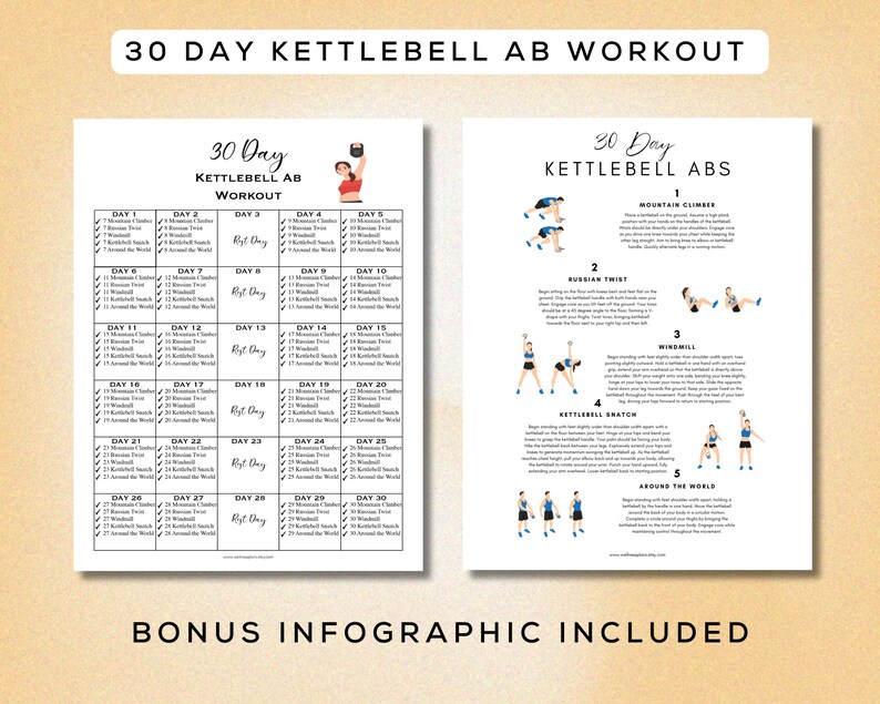 30 Day Kettlebell Workout Bundle Printable + Digital Gym Guide | Bonus ...