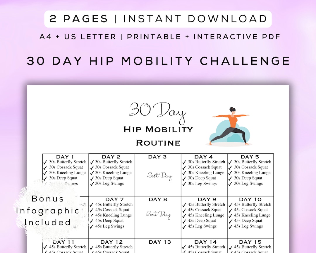30 Day Hip Mobility Challenge Printable + Interactive PDF | Easy ...