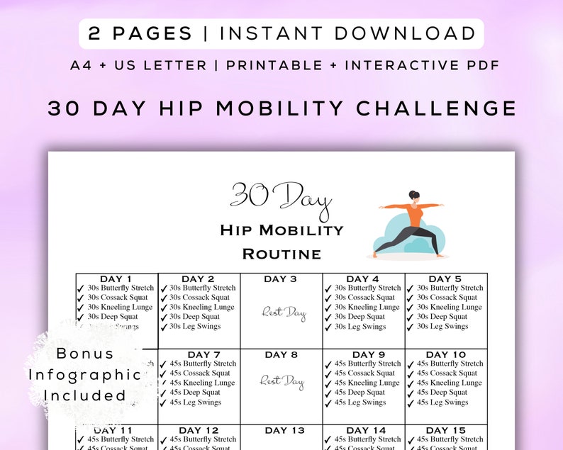 30 Day Hip Mobility Challenge Printable + Interactive PDF | Easy Mobility Routine, Beginner ...