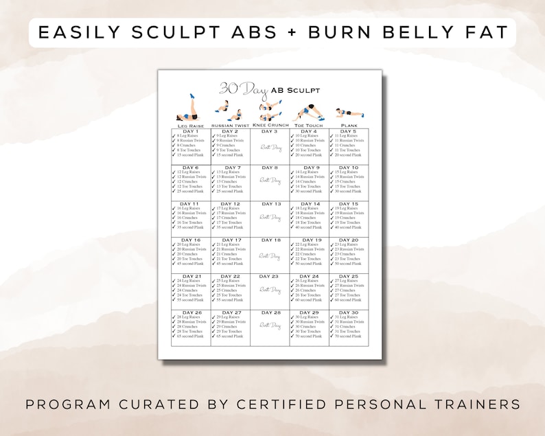 30 Day Ab Sculpt Workout Program Printable + Fillable PDF | Easy to ...
