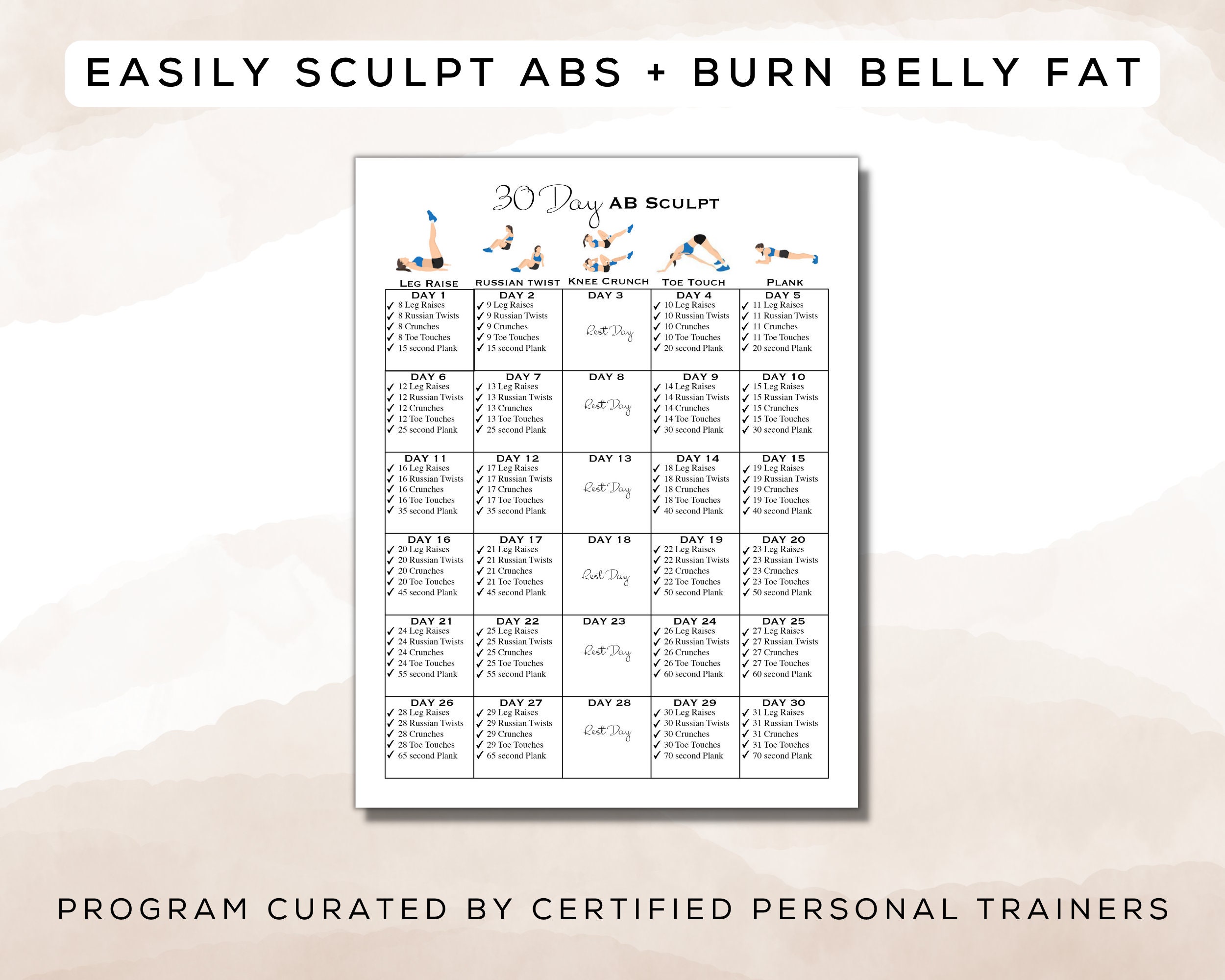 30 Day Ab Sculpt Workout Program Printable + Fillable PDF | Easy to ...