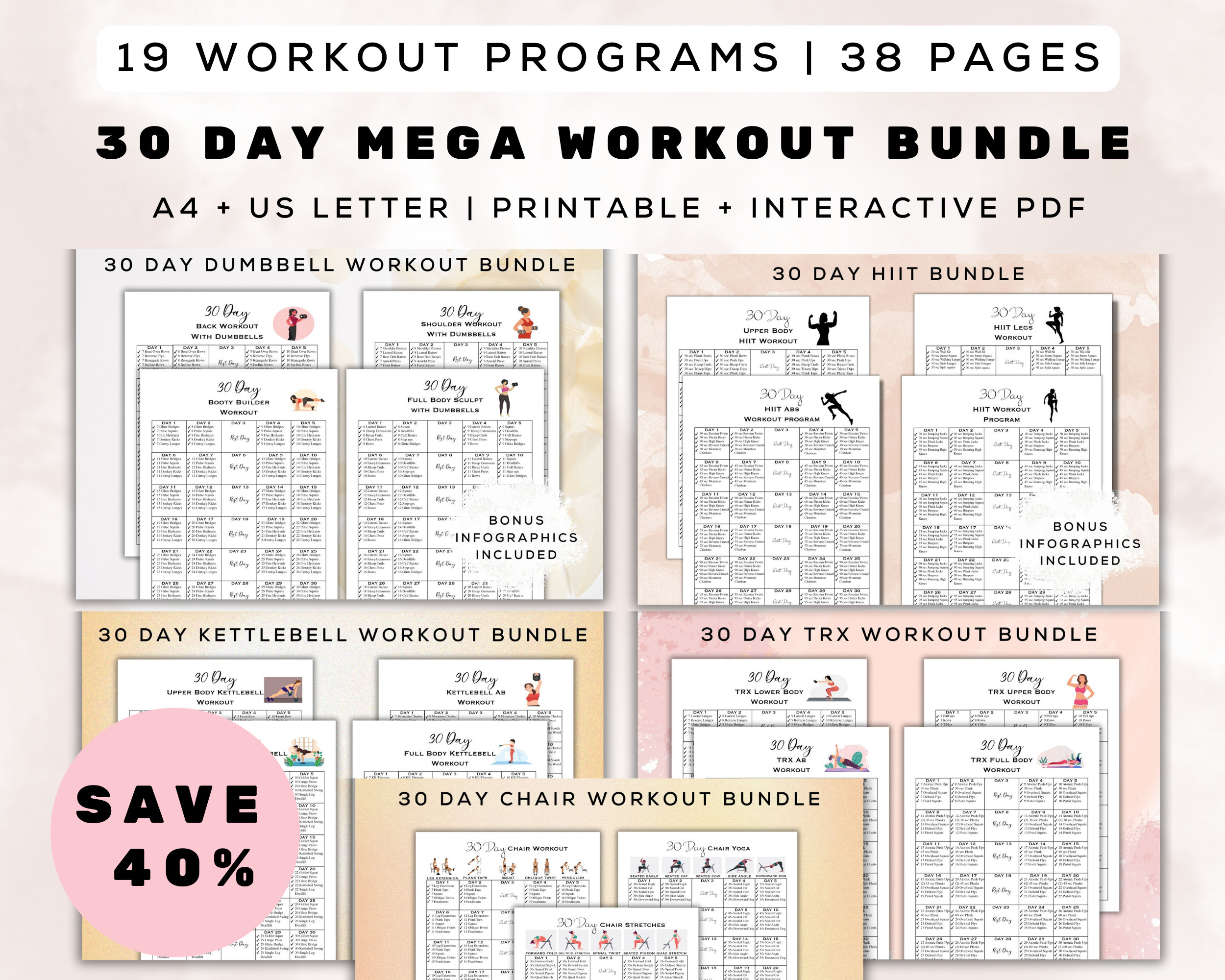 30 Day MEGA Workout Bundle Printable + Interactive Pdfs | 5 Bundles, 19 ...
