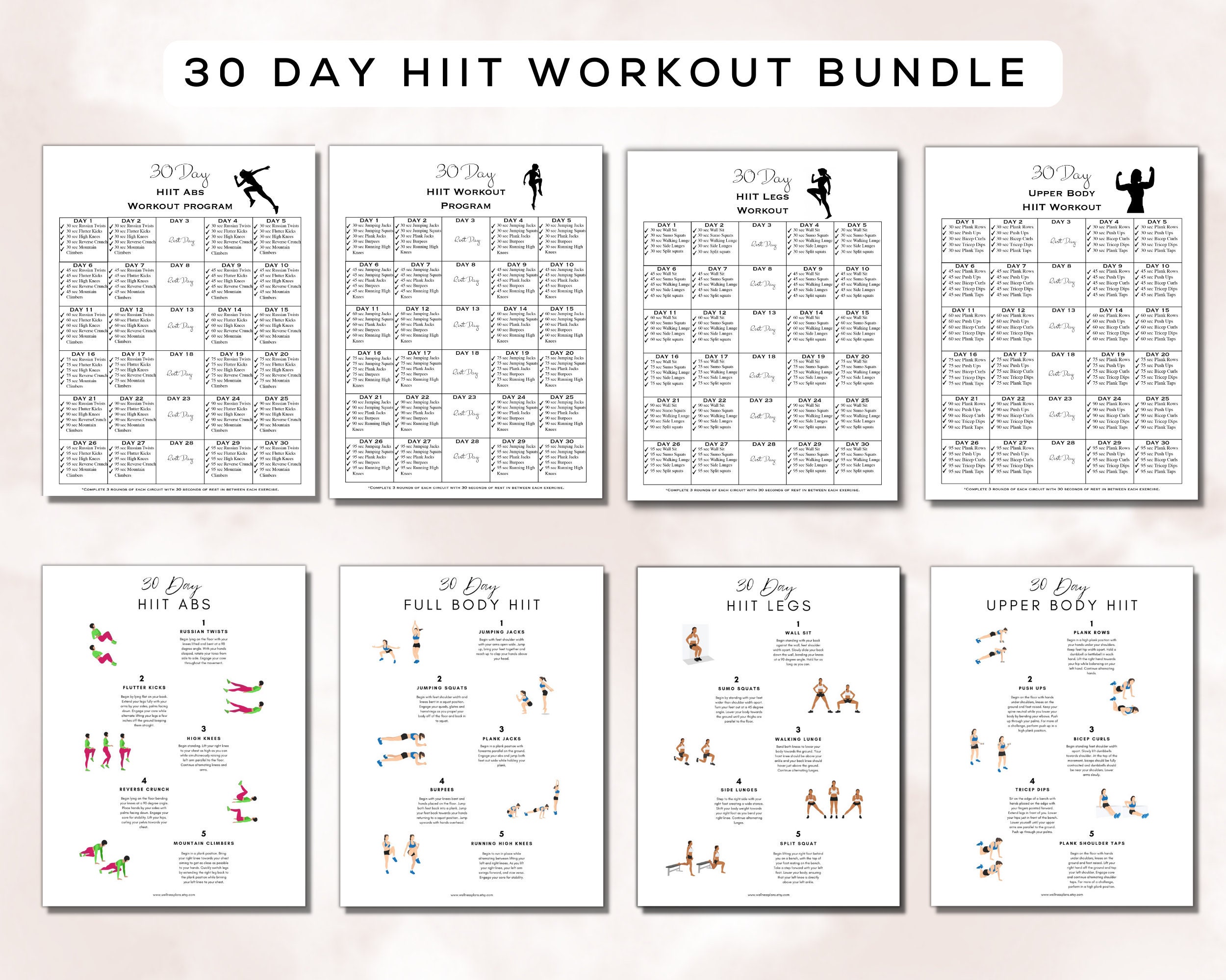 30 Day MEGA Workout Bundle Printable + Interactive Pdfs | 5 Bundles, 19 ...
